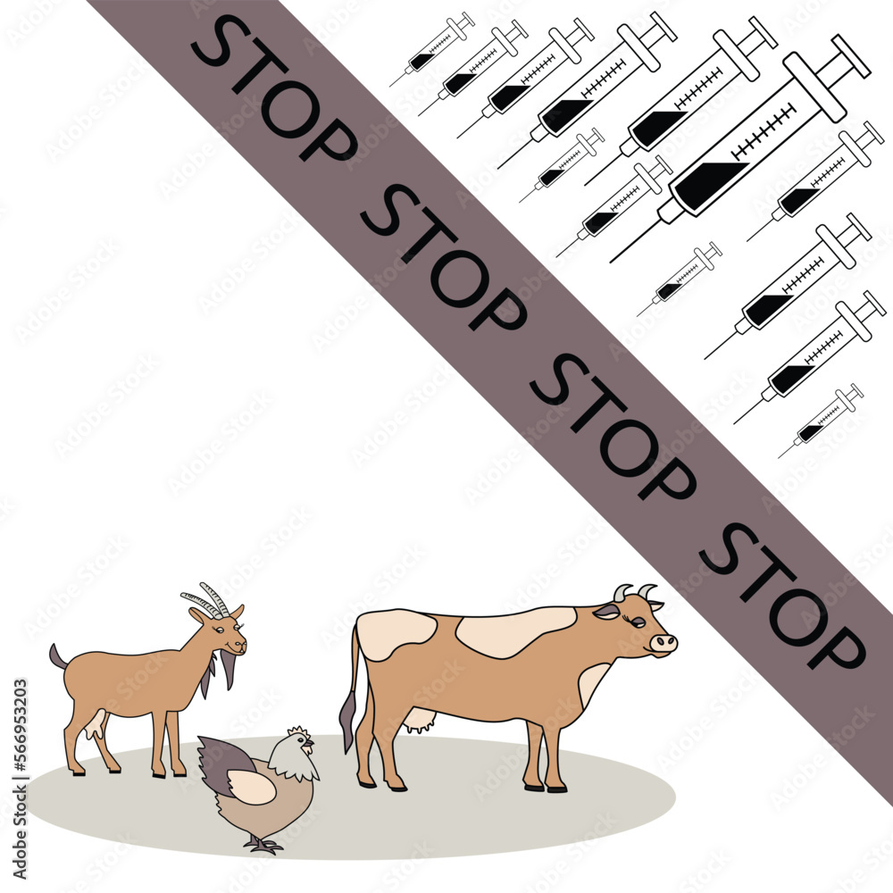 Farm animals and syringes. Genetically Modified Foods Concept. Genetic ...