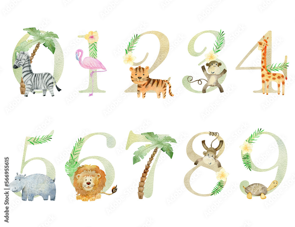 Watercolor cute safari animals numbers for invitation card, nursery ...