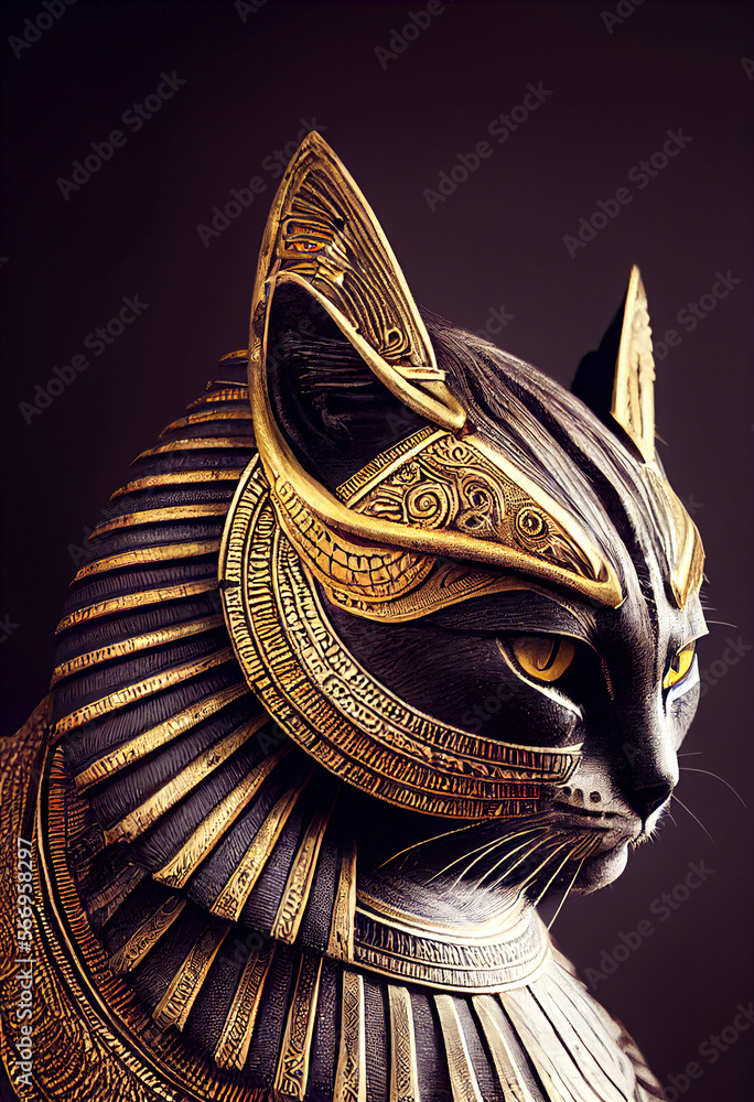 Egyptian cat in gold with gold ornaments. mythology and worship of cats ...