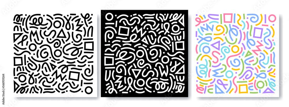 Colorful line doodle pattern set. Creative minimalist style art ...