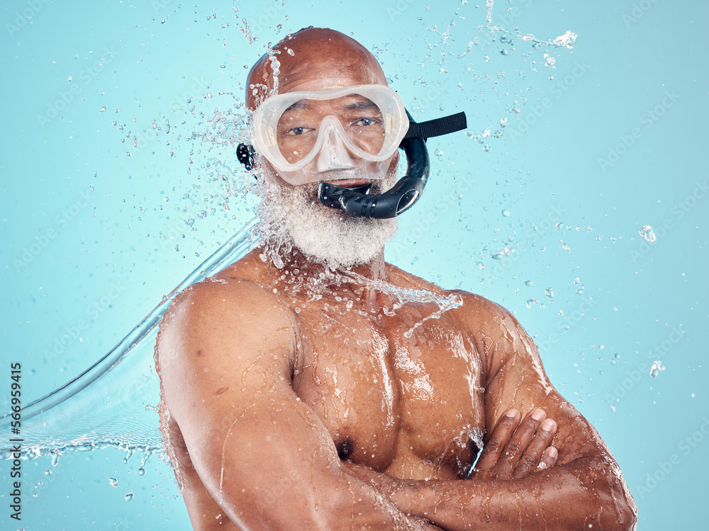 Water splash, snorkel and skincare of black man in studio isolated on ...