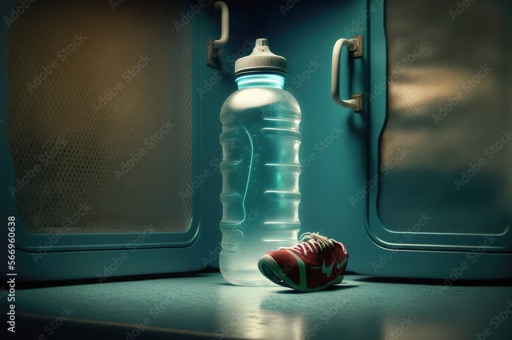 Water bottle in a locker room. Healthy drink. Hydration. Athletic drink ...