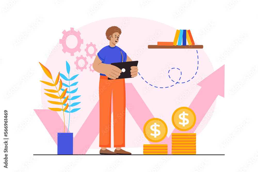 Pink concept Sales performance with people scene in the flat cartoon ...