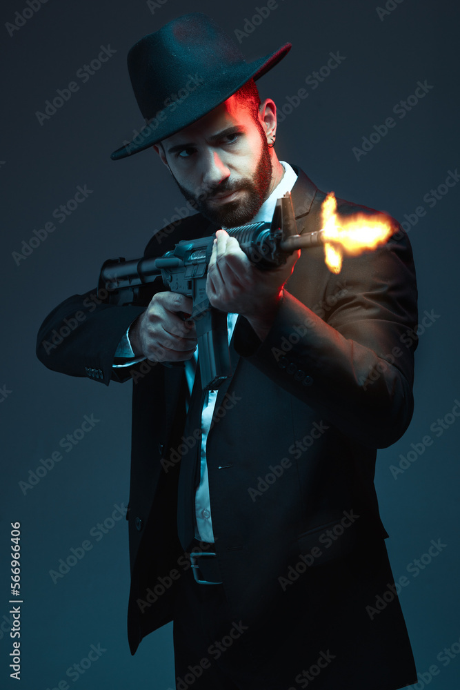 Man, suit or shooting gun on dark studio background in secret spy ...
