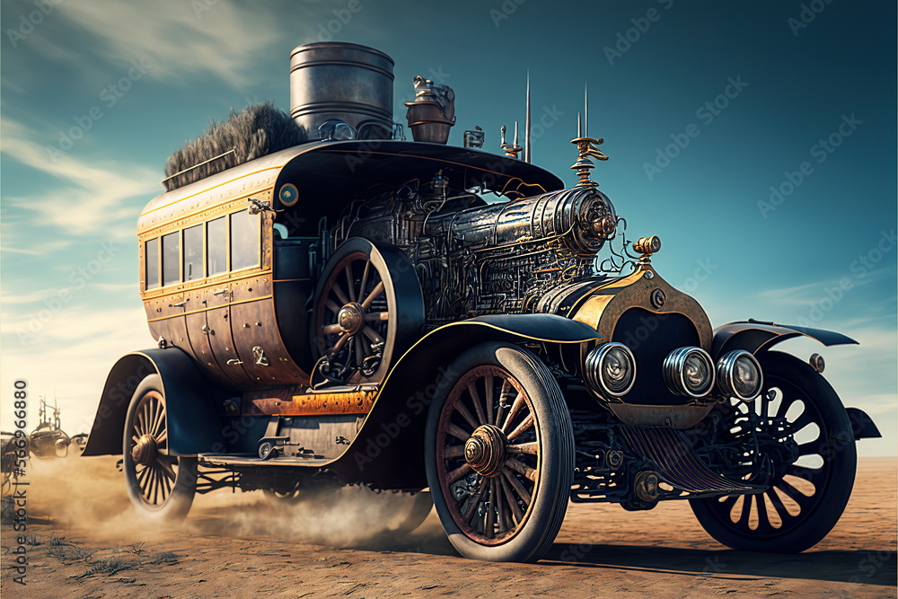 Steam punk car with steam engine against a desert scene of sand and sky ...
