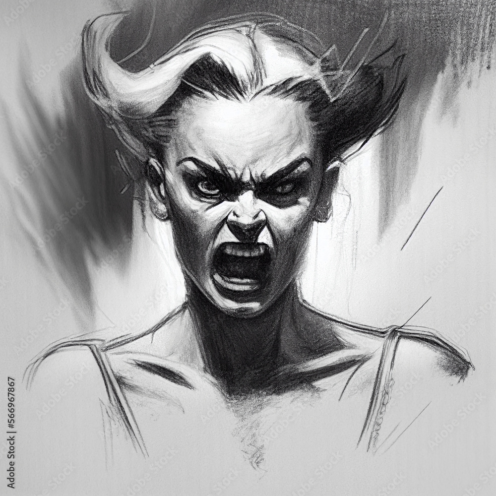 Woman Fast Angry Dynamic Pencil Sketch Drawing Rebel Energy Black and ...
