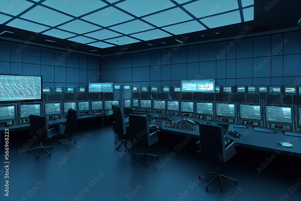 High Tech Control Room With Large Screens And Computer Displays For