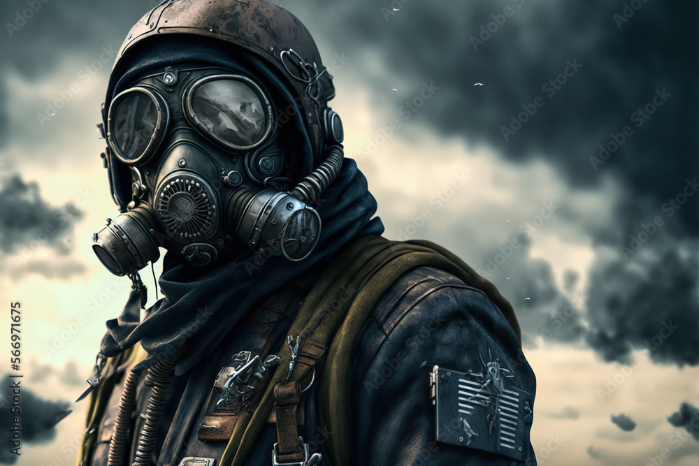 dieselpunk soldier wearing a gas mask with polluted air background ...