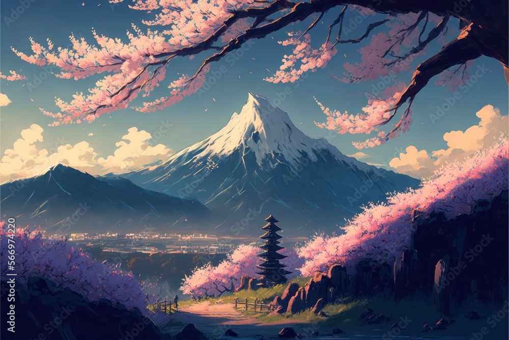 Japanese Snow-capped Mountain with Cherry Blossoms in Anime Style ...