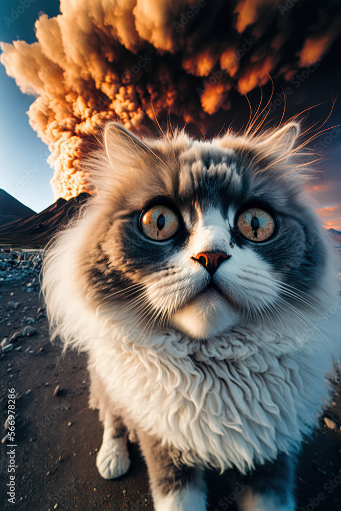 Fluffy cat selfie, volcano eruption. Generative AI. Stock Illustration ...