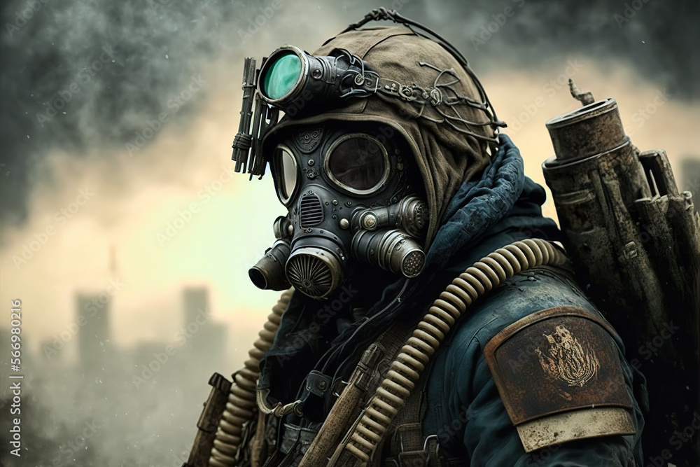 dieselpunk soldier wearing a gas mask with polluted air background ...