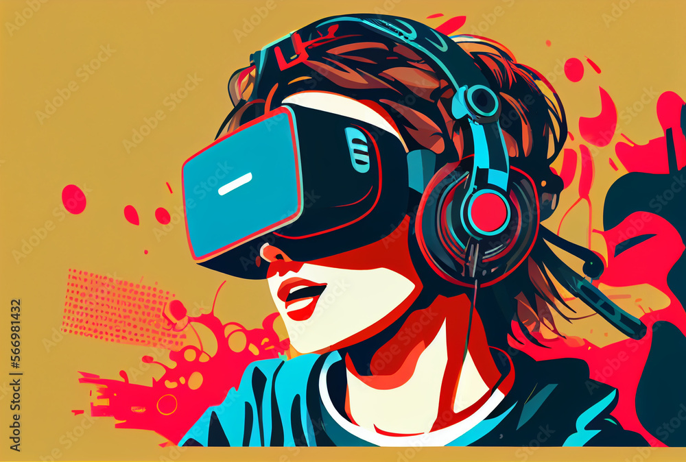 Concept of virtual reality technology, graphic of a teenage gamer ...