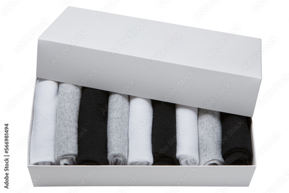 Gift set of socks in a white box, nine socks, the box is partially open ...