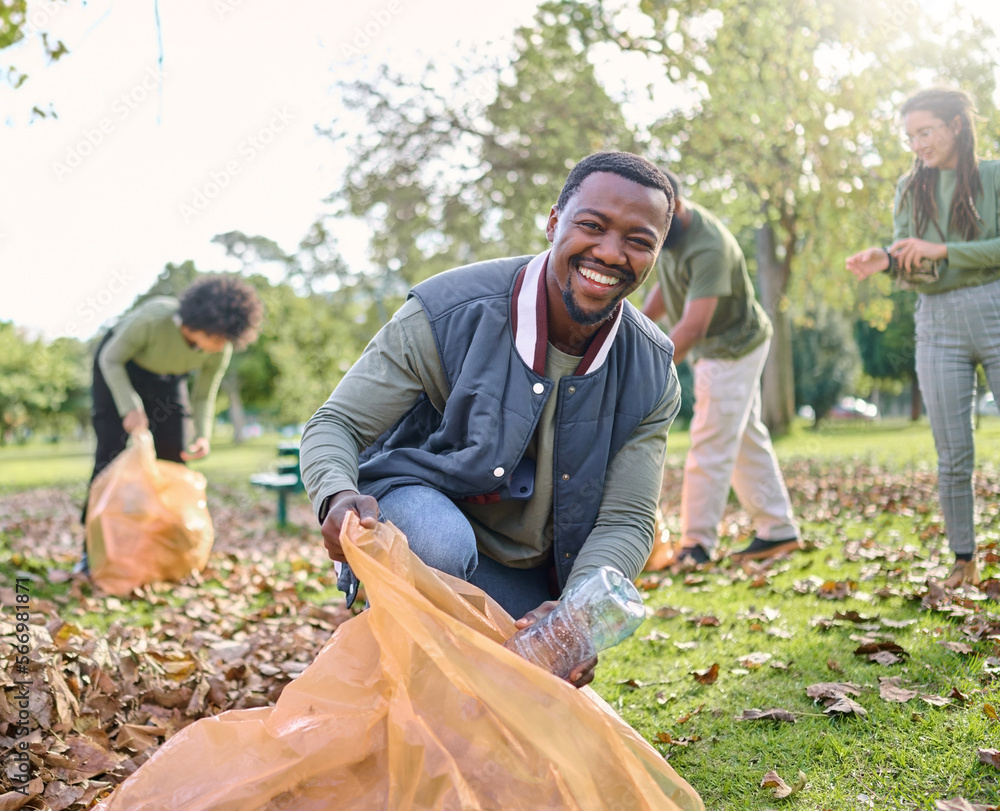 Trash, volunteer portrait and man cleaning garbage pollution, waste ...