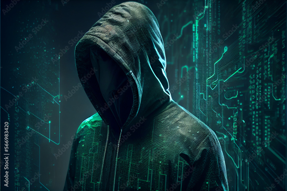 Hacker in hoodie and digital green background. Anonymous computer hacker over abstract digital ...