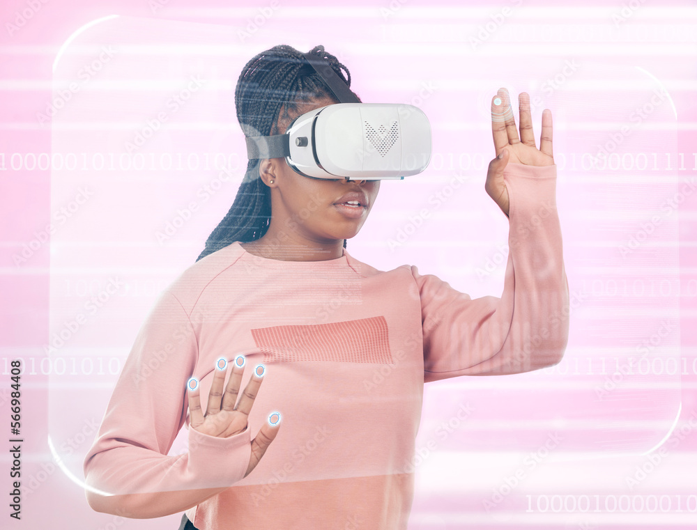 Digital, gaming and vr with black woman and 3d hologram for future ...