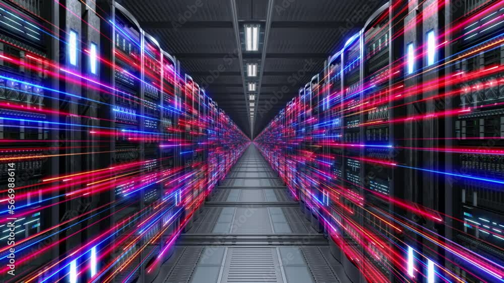 Server Room with AI Data Flow Digital Information Streaming in Server ...