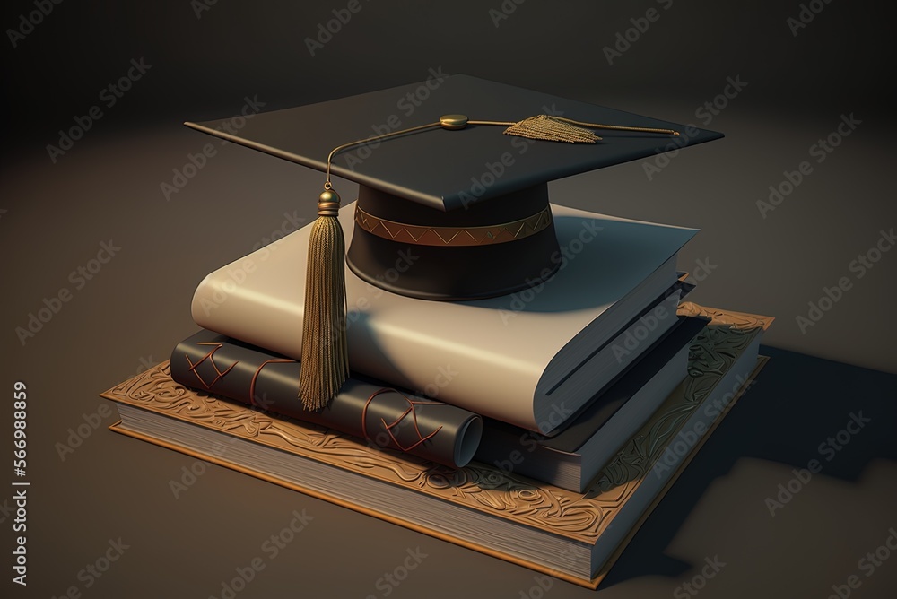 Graduation emblems including a hat, books, and a diploma are shown ...