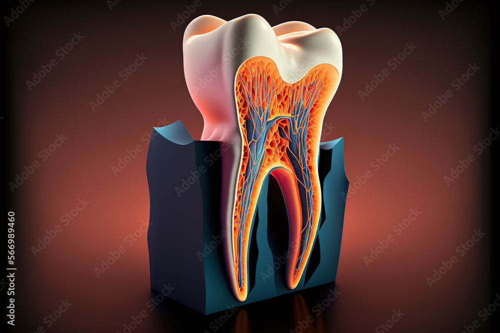 Illustration generative AI tooth cut in half to see its inner parts ...