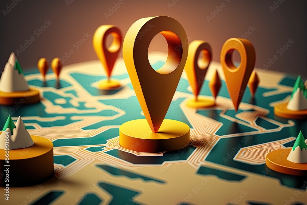 An on-screen pin indicating a specific location on a map, with an arrow ...