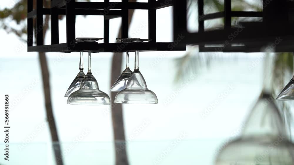 Margarita Glasses Hanging On The Rack On Beach Bar Counter. - close up ...