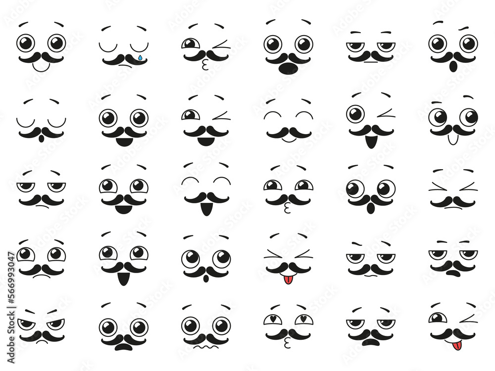 Set of cute kawaii emoticon with a mustache. Cartoon face collection ...