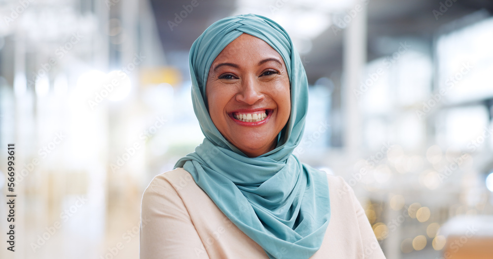 Muslim, business woman and success with face, executive and happy with ...