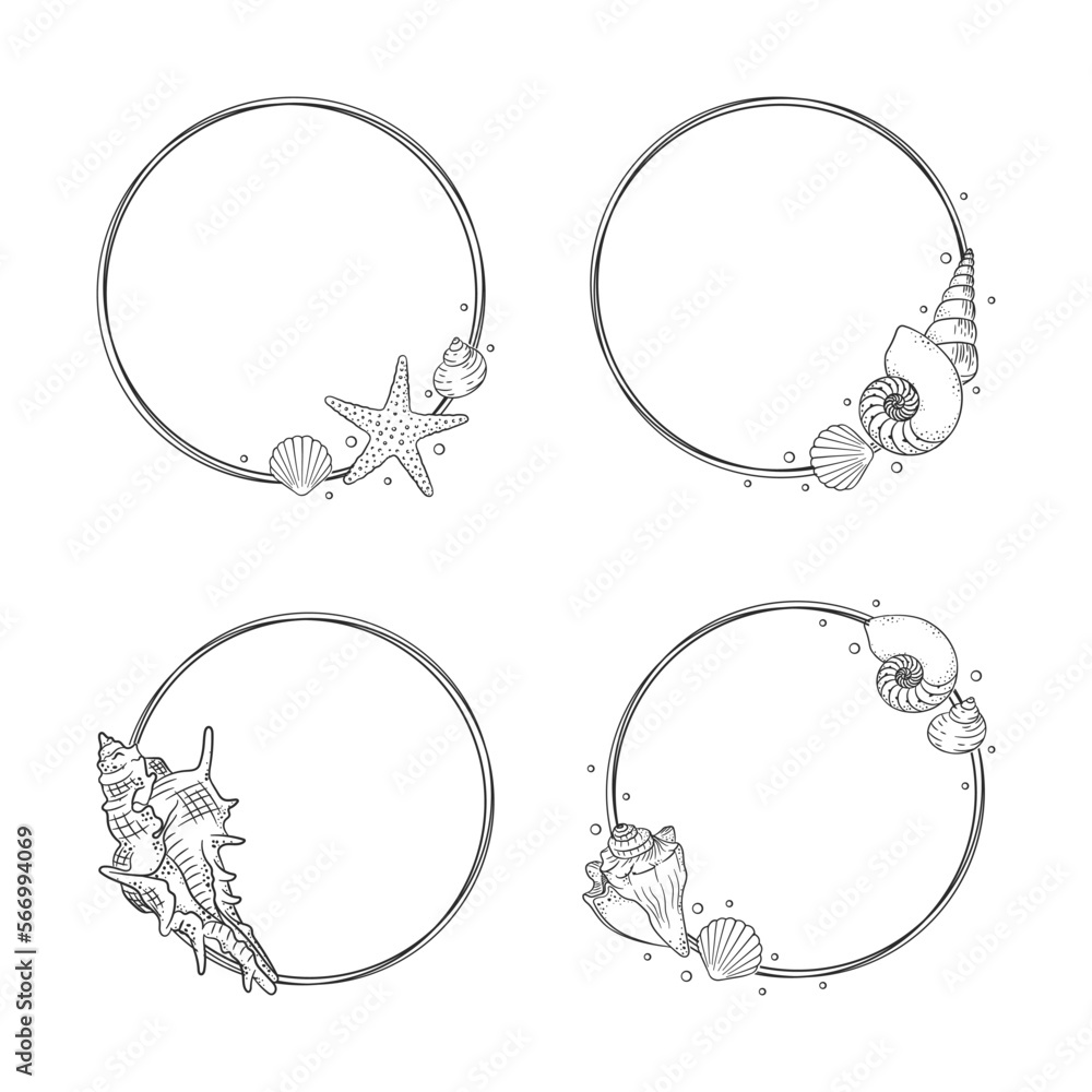 Seashells frame set. Sea and ocean hand drawn design template. Vector ...