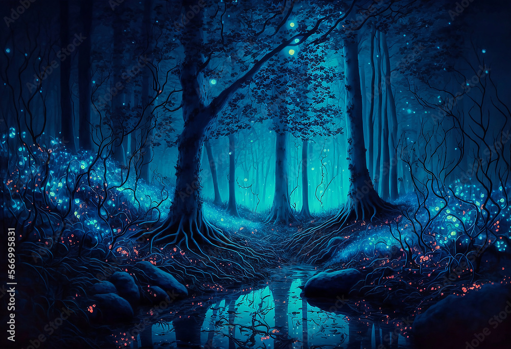 magical glowing blue forest at night Stock Illustration | Adobe Stock