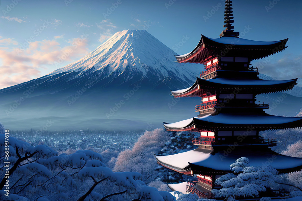 Chureito Pagoda with Mount Fuji in winter with snow on cherry trees ...