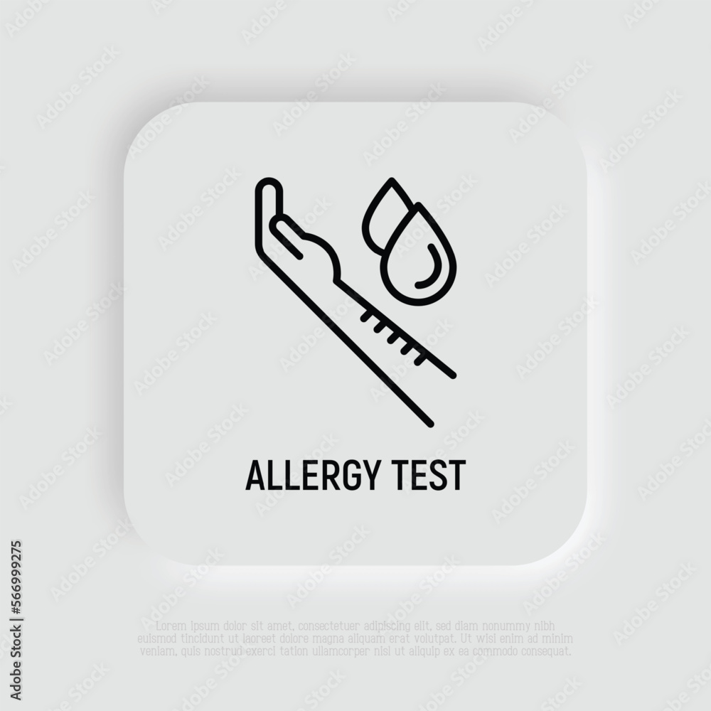 Allergy test thin line icon: dripping allergens on forearm. Skin prick ...