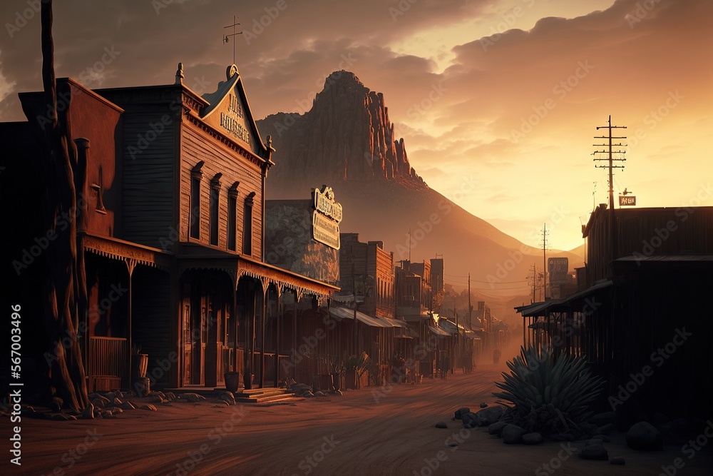 Old town western cowboy city with sunset background, old wooden ...