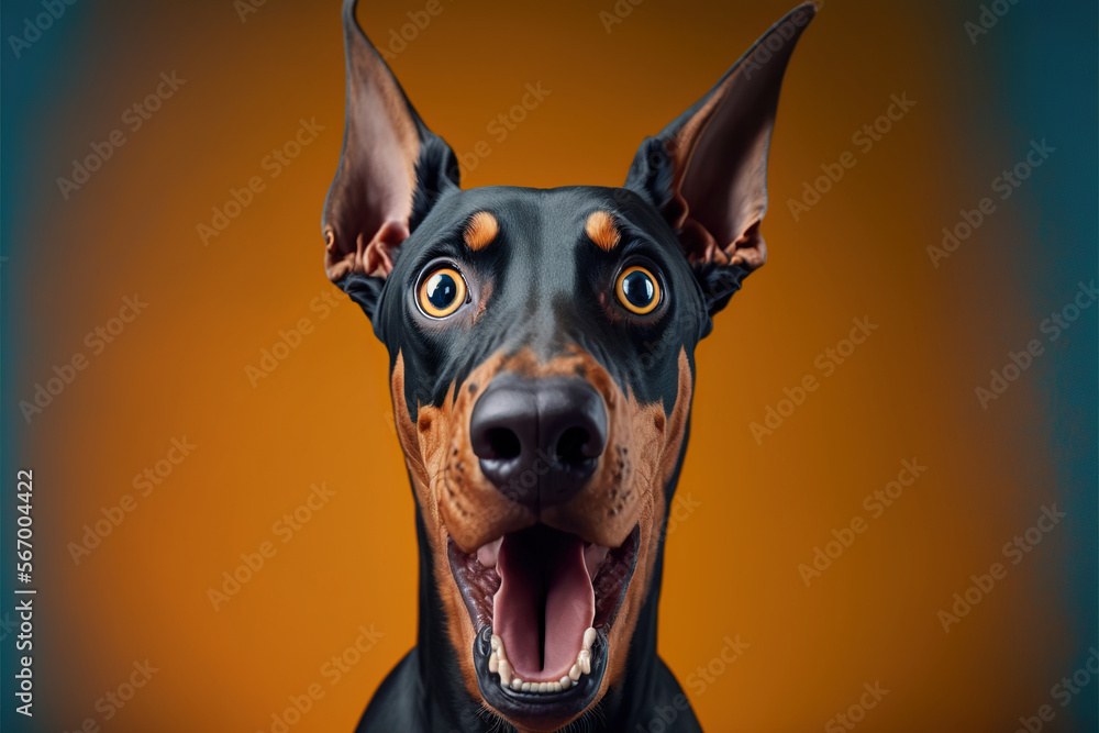 Studio portrait of a doberman with a surprised face , concept of ...