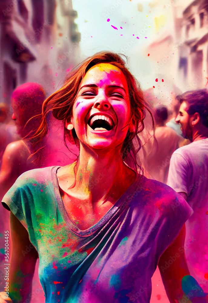 Laughing happy woman celebrating Holi holiday, folk festival of colors ...