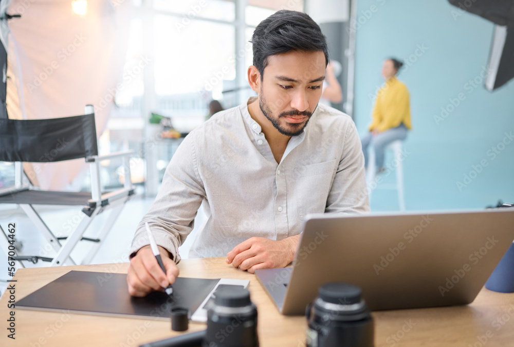 Graphic tablet, laptop and photography man editing photoshoot, focus on ...