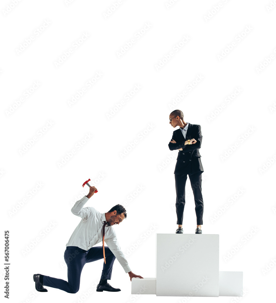 Hardworking businessman working under supervision on a transparent ...