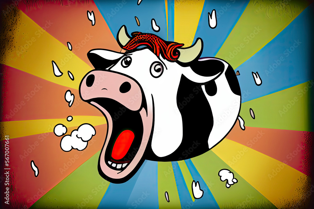 cartoon of a bored cow yawning with a rainbow coming out of it's mouth ...