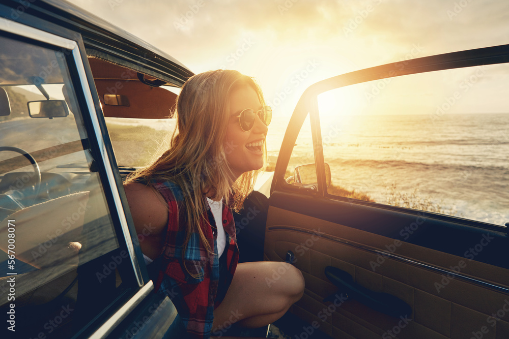 Woman, sunset and beach road trip by car door with smile, freedom and ...