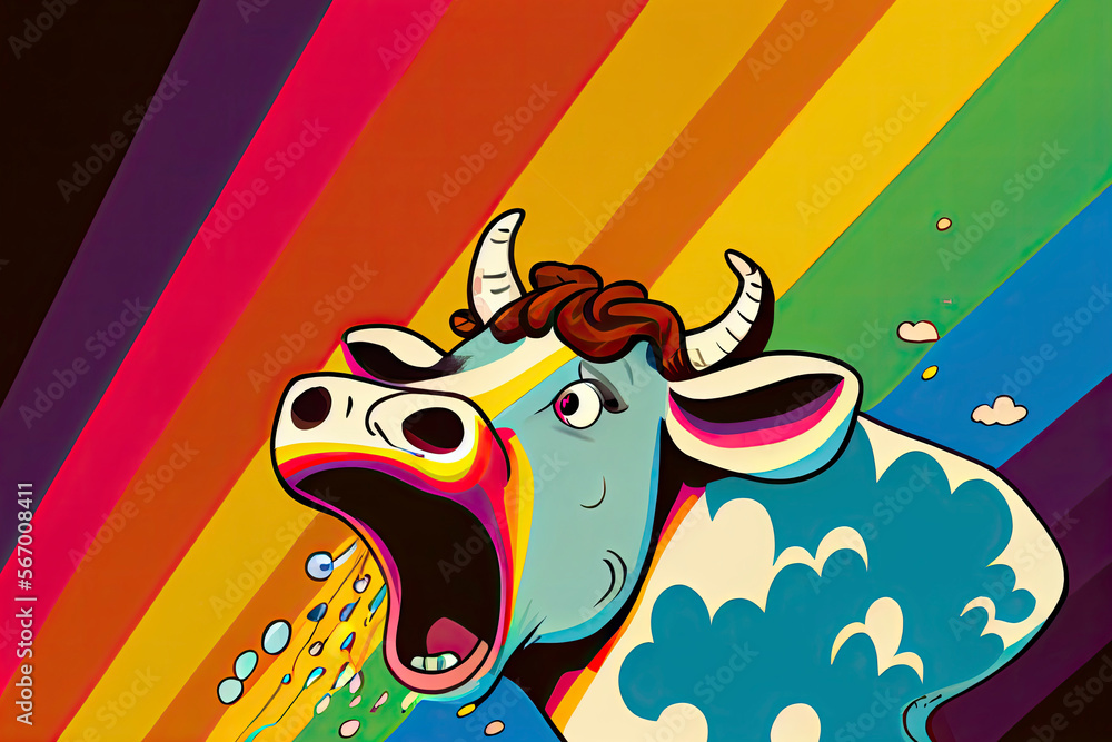 cartoon of a bored cow yawning with a rainbow coming out of it's mouth ...