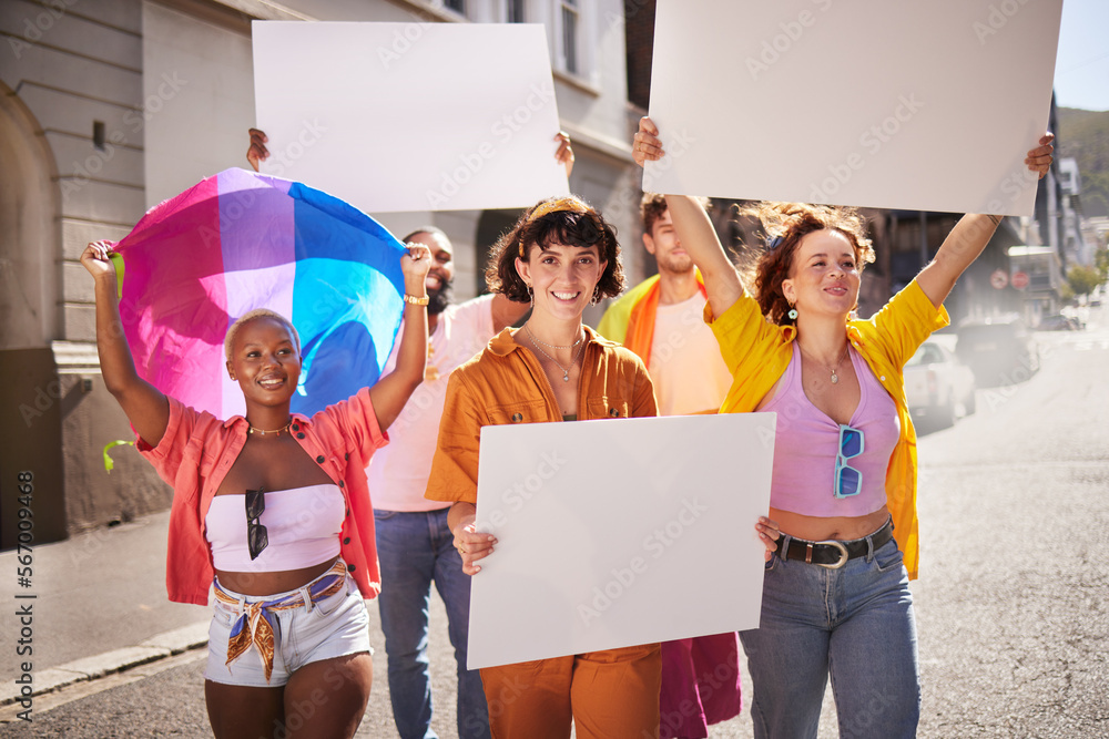 Poster mockup, lgbt protest and people walking in city street for ...