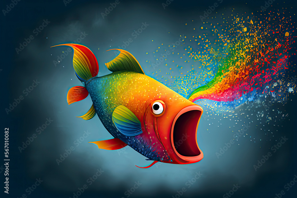 cartoon of a bored fish yawning with a rainbow coming out of it's mouth ...