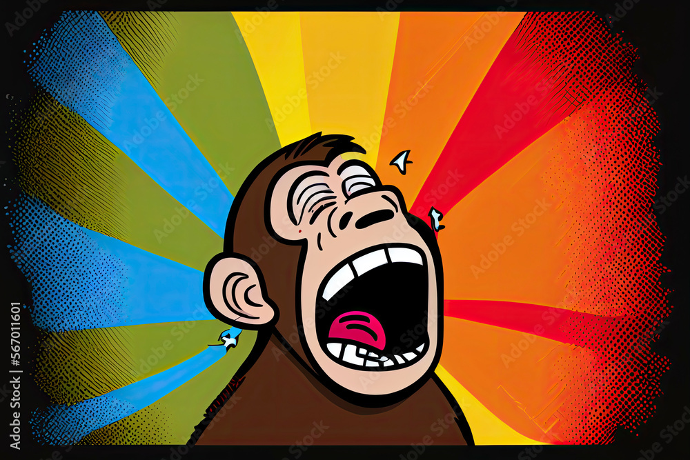 cartoon of a bored Monkey yawning with a rainbow coming out of it's ...