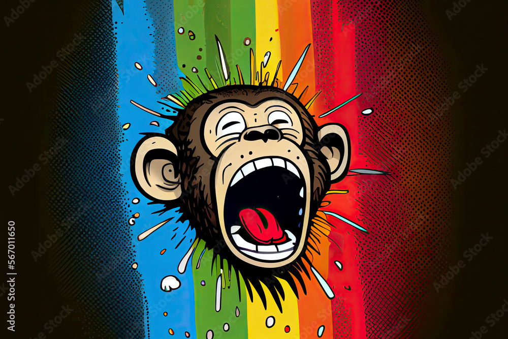 cartoon of a bored Monkey yawning with a rainbow coming out of it's ...