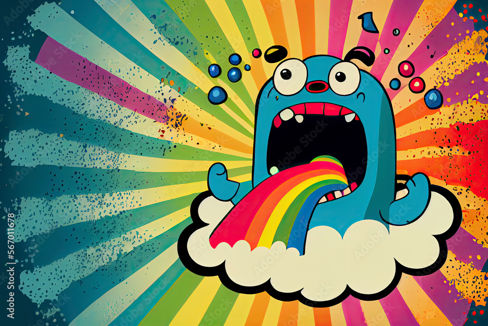 cartoon of a bored monster yawning with a rainbow coming out of it's ...