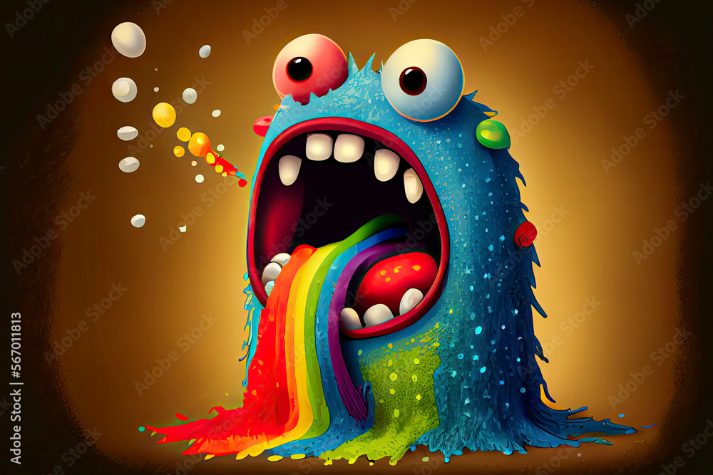 cartoon of a bored monster yawning with a rainbow coming out of it's ...
