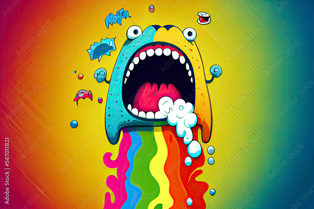 cartoon of a bored monster yawning with a rainbow coming out of it's ...