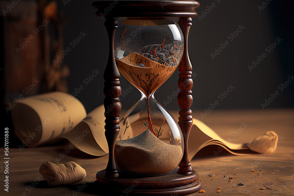 Clessidra in legno realistica con sabbia all'interno e fogli antichi ...