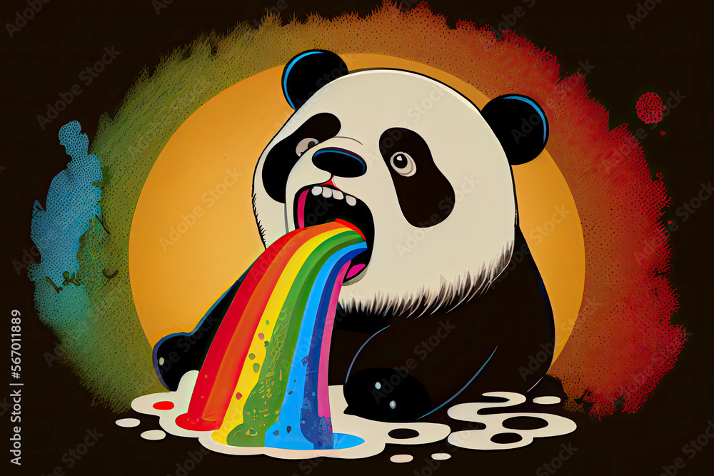 cartoon of a bored Panda yawning with a rainbow coming out of it's ...