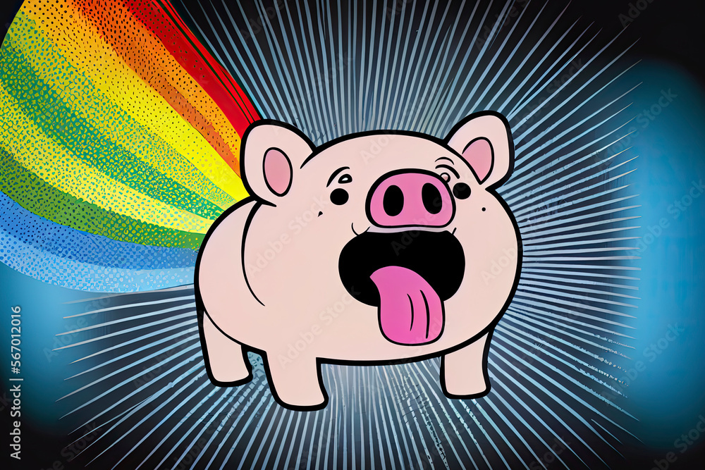 cartoon of a bored pig yawning with a rainbow coming out of it's mouth ...