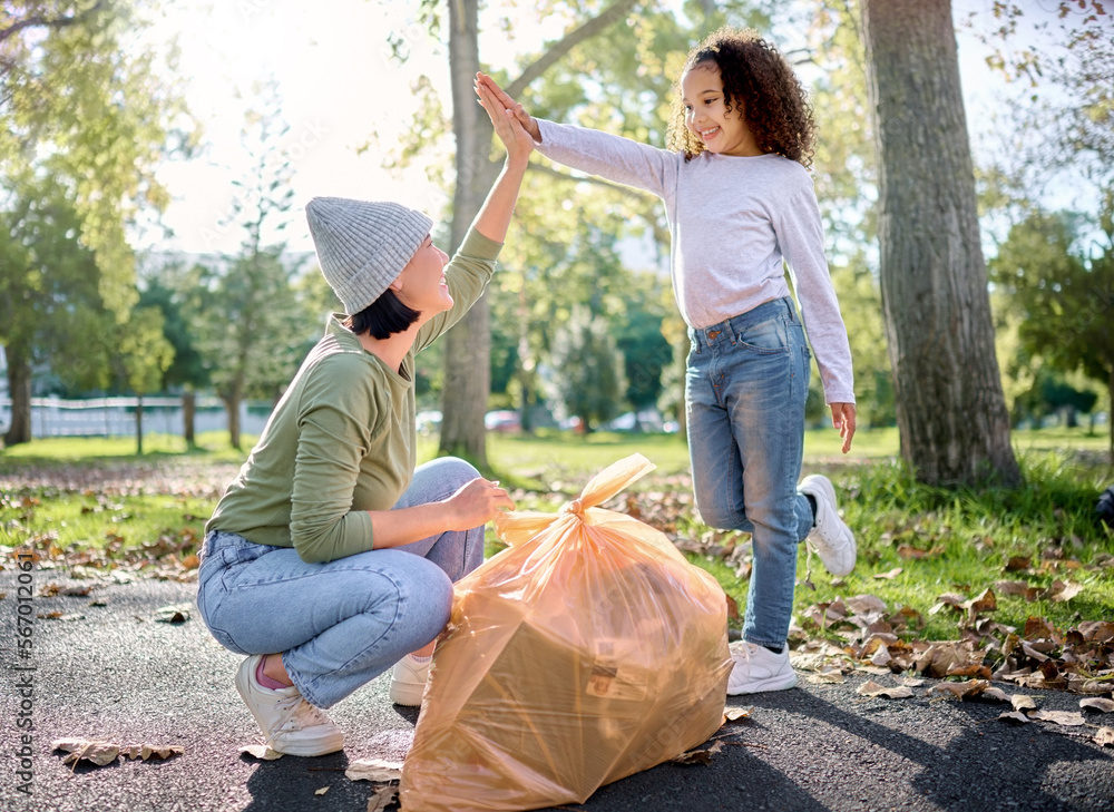 High five, volunteer woman and kid cleaning garbage pollution, waste ...